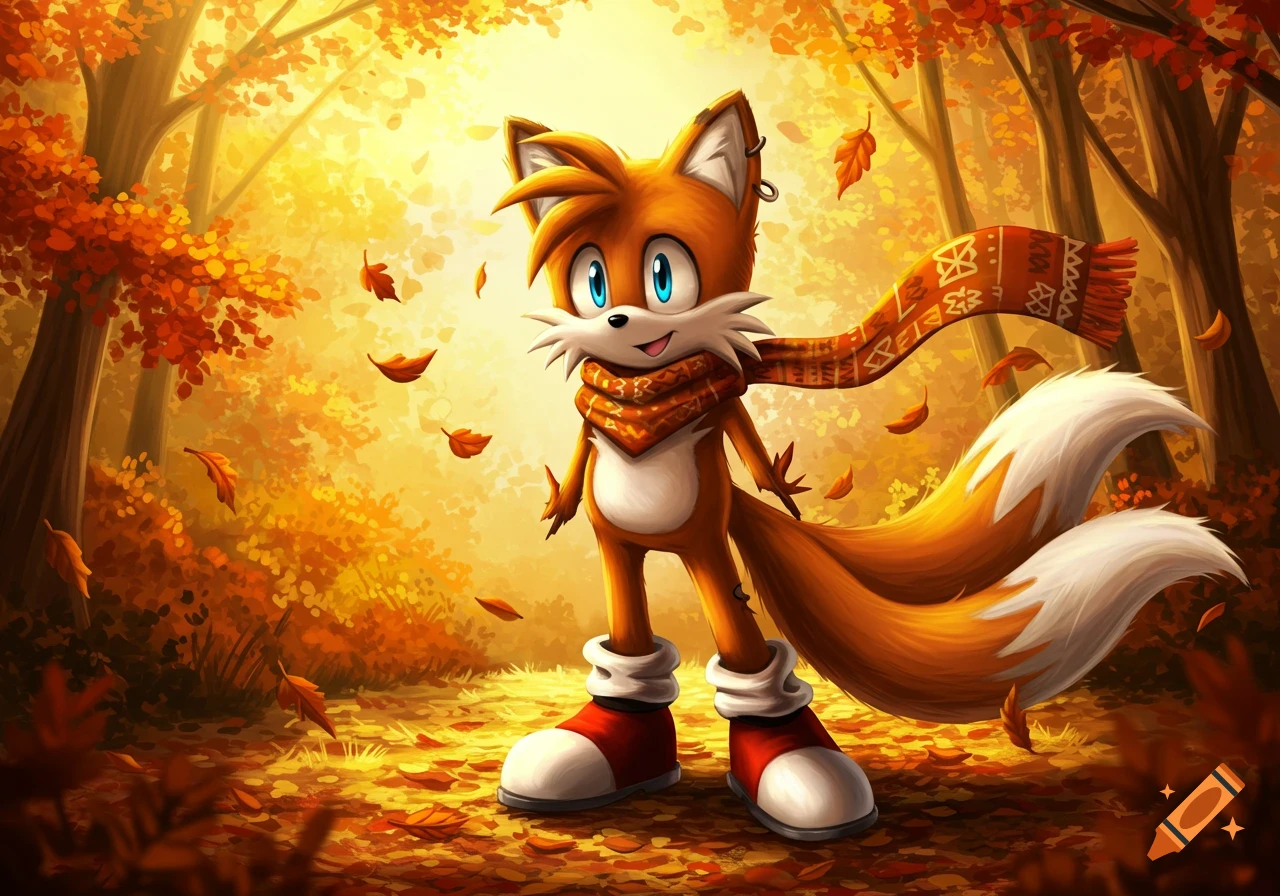 Tails the fox wearing an orange patterned scarf, standing in a golden ...