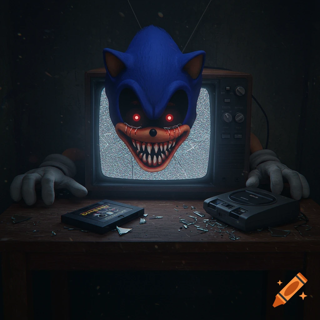 A dark, grainy image of a creepy, red-eyed Sonic the Hedgehog character ...