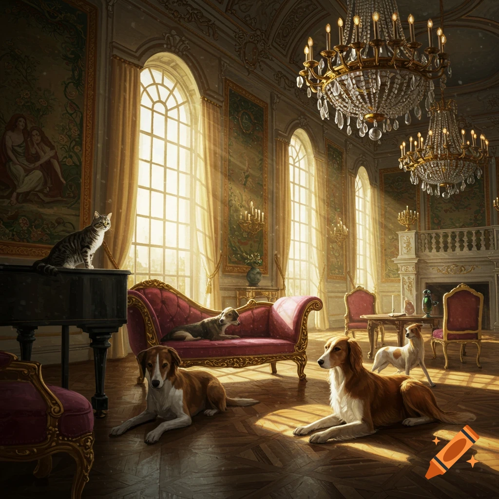 A cat on a piano and several dogs relaxing in a sunlit, opulent French ...