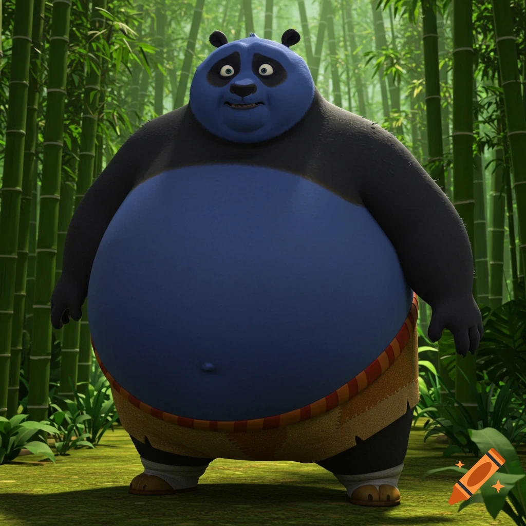 A giant, dark blue, inflated Po from Kung Fu Panda stands nervously in ...
