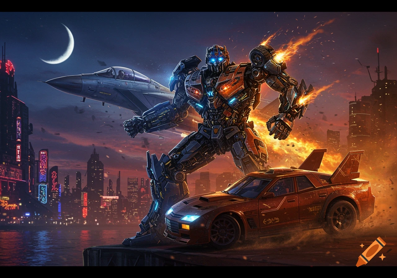 A large Transformer robot stands next to an orange Honda CRV in a city ...