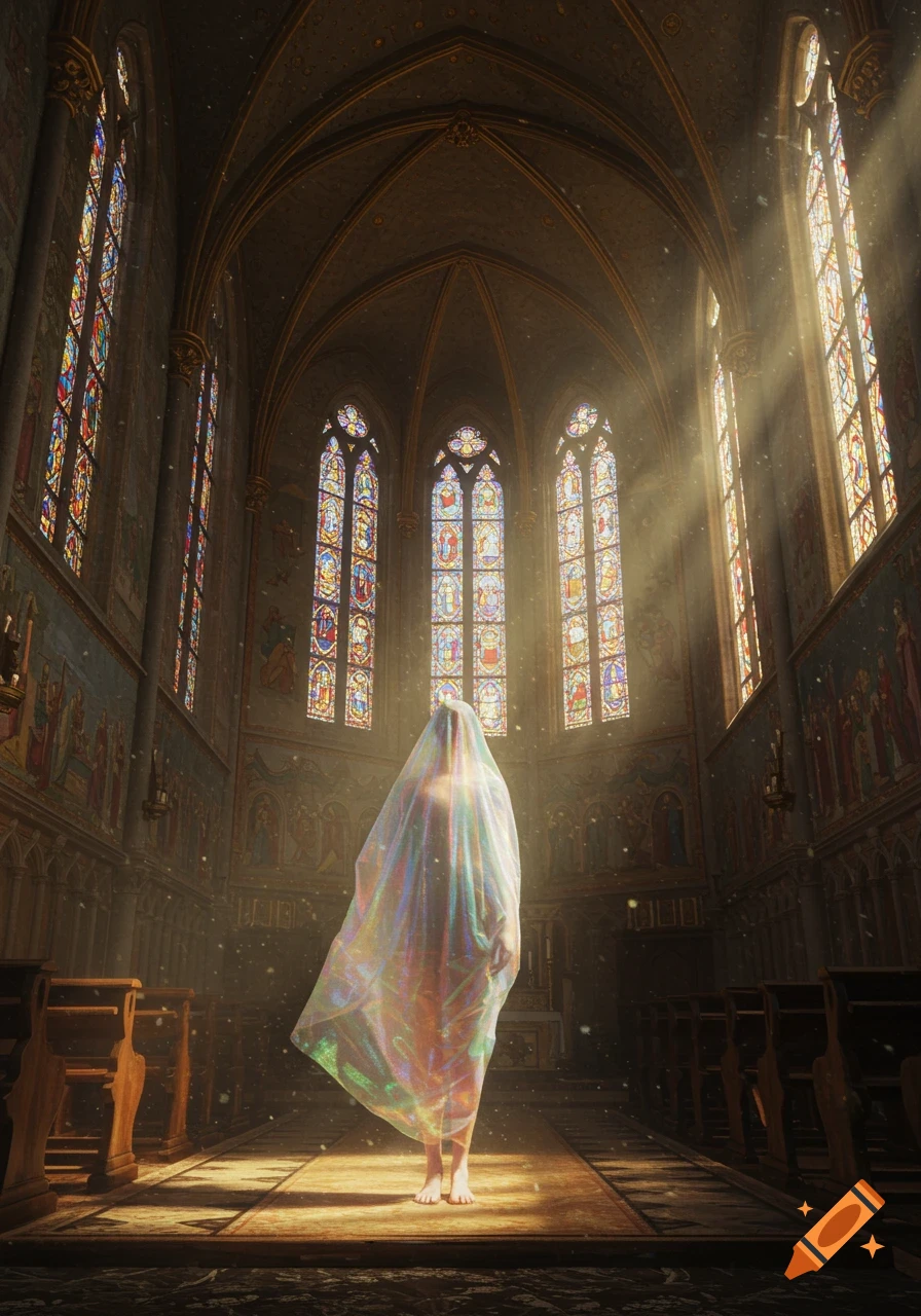 An ethereal figure draped in shimmering, translucent fabric stands in a ...