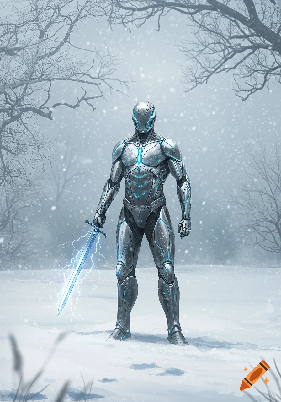 A futuristic silver armored soldier holding a glowing blue electric ...