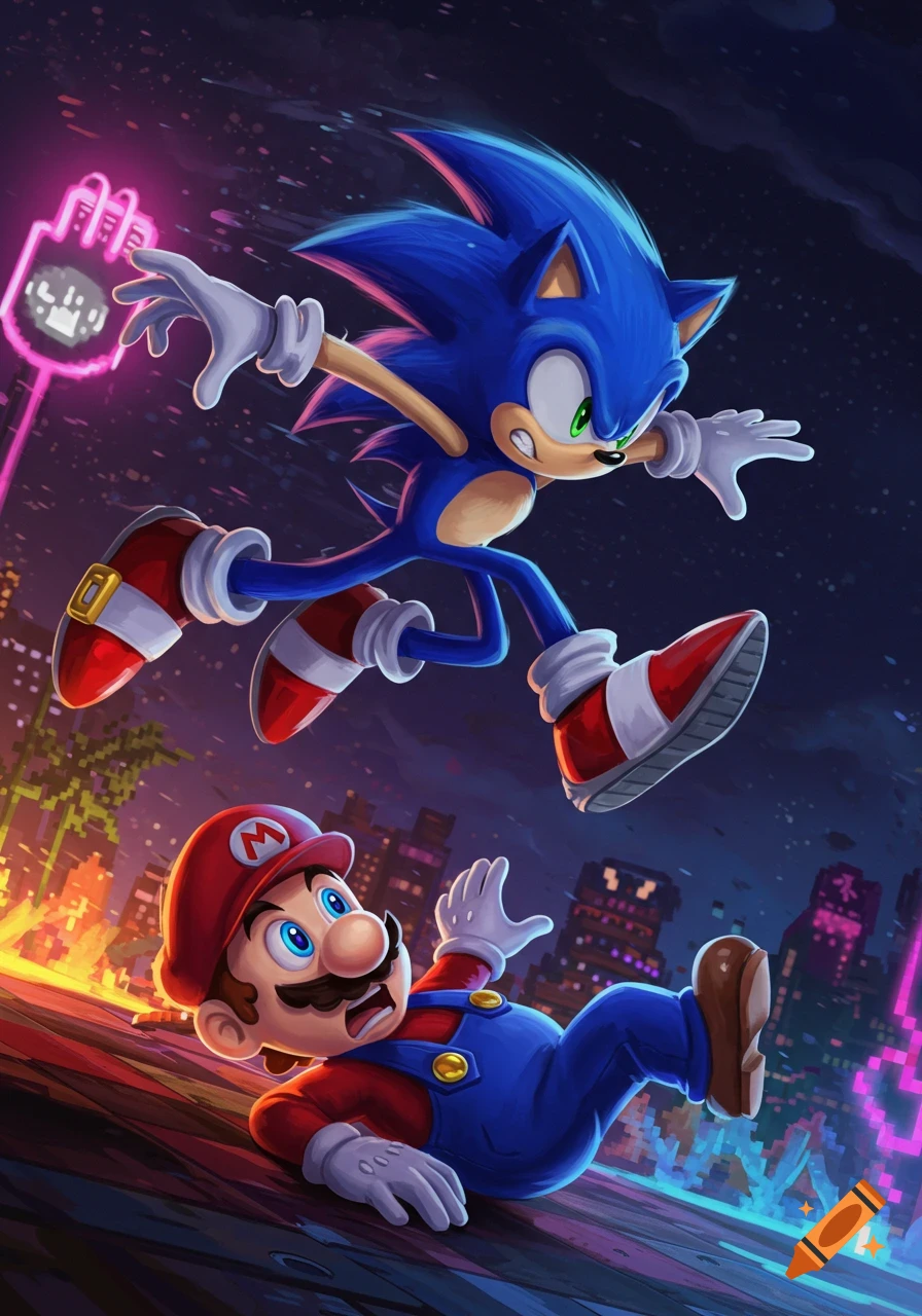 Stylized illustration of Sonic the Hedgehog jumping over a surprised ...
