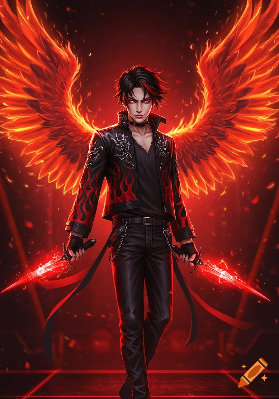Anime-style male K-pop idol with fiery wings, red eyes, and daggers ...