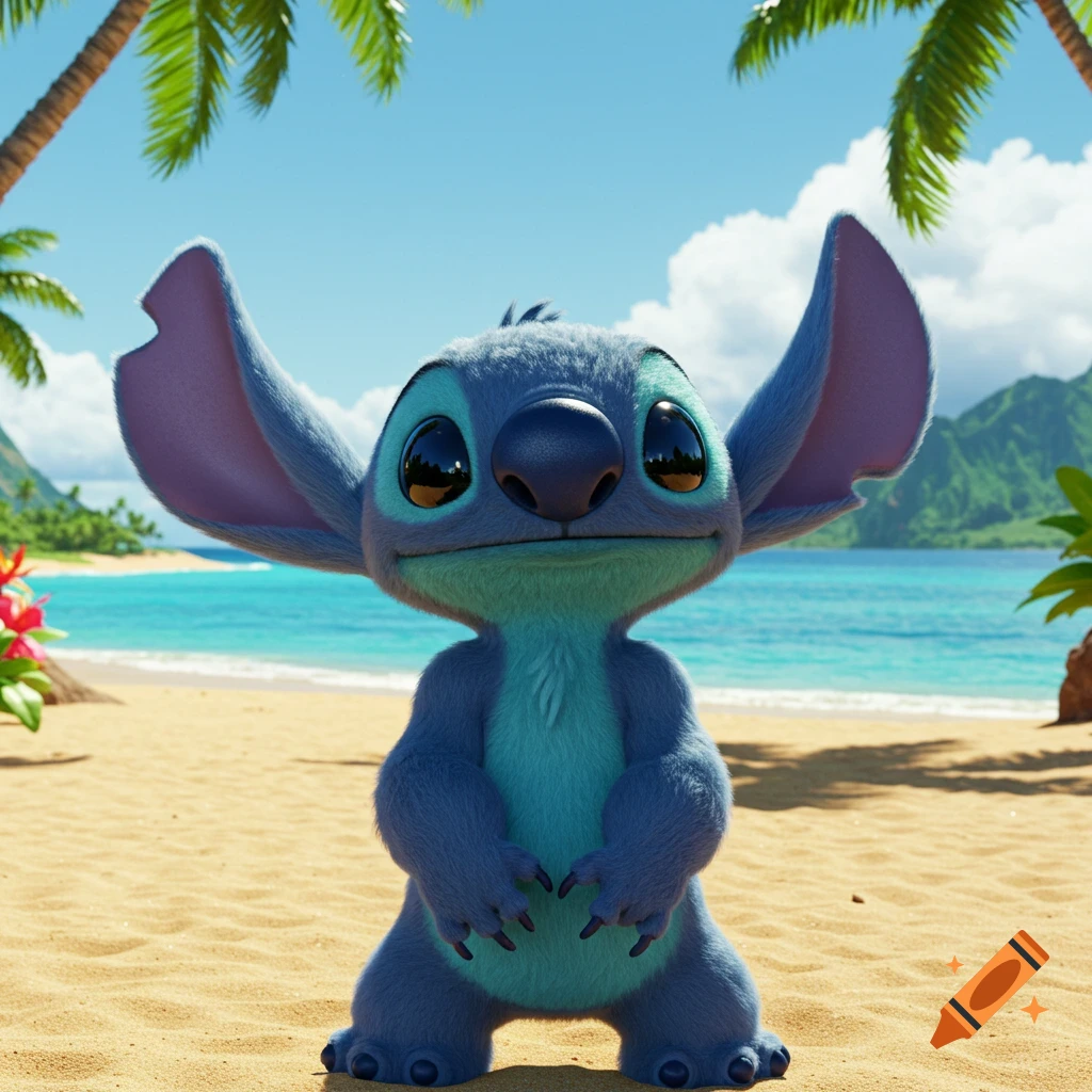 Stitch, the blue alien, stands in a brightly lit, blocky Minecraft ...