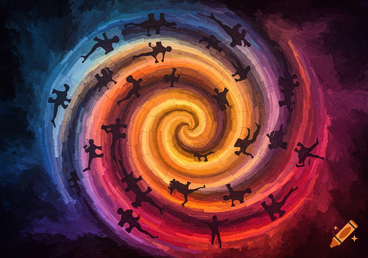 Abstract art with colorful swirling vortex and black silhouettes of ...