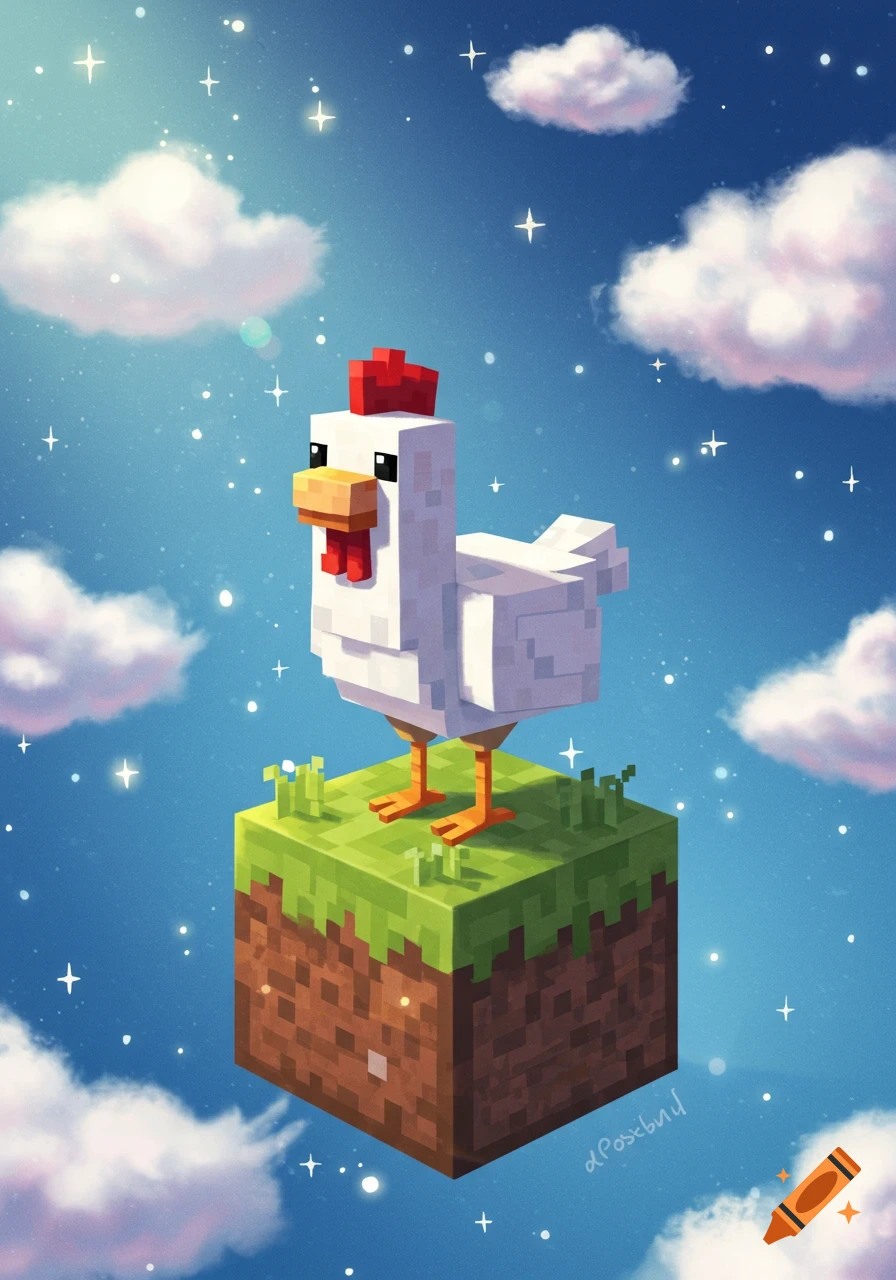 A stylized Minecraft chicken stands on a floating grass block in a ...