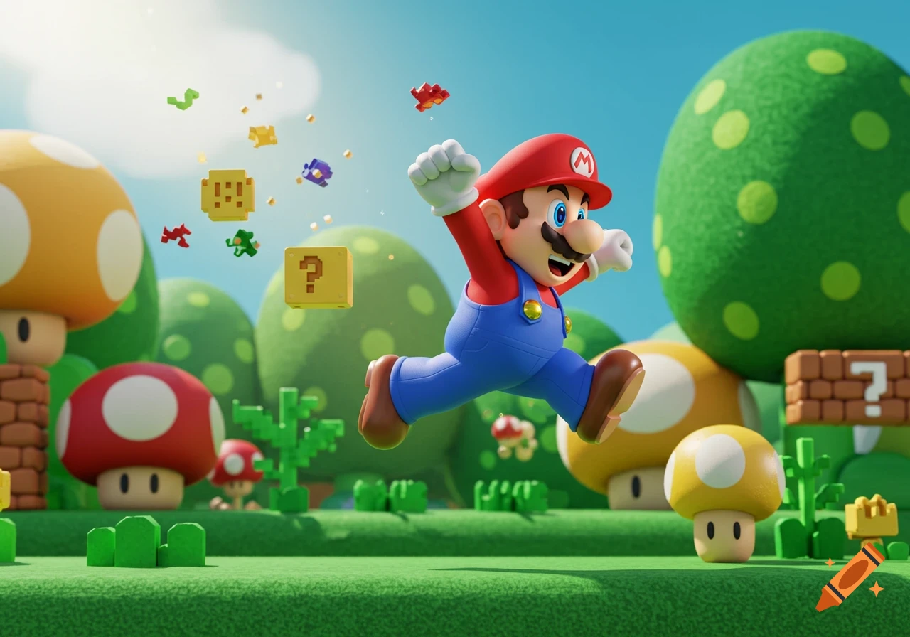 3D rendering of Mario jumping in a vibrant Super Mario Bros. level ...