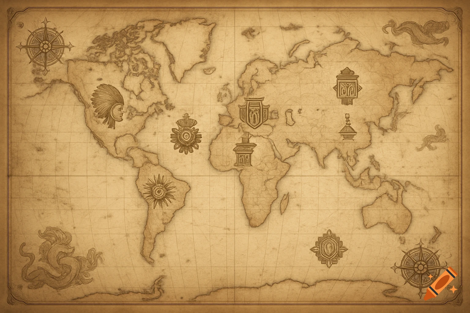 An old world map in sepia tones with illustrations of continents ...