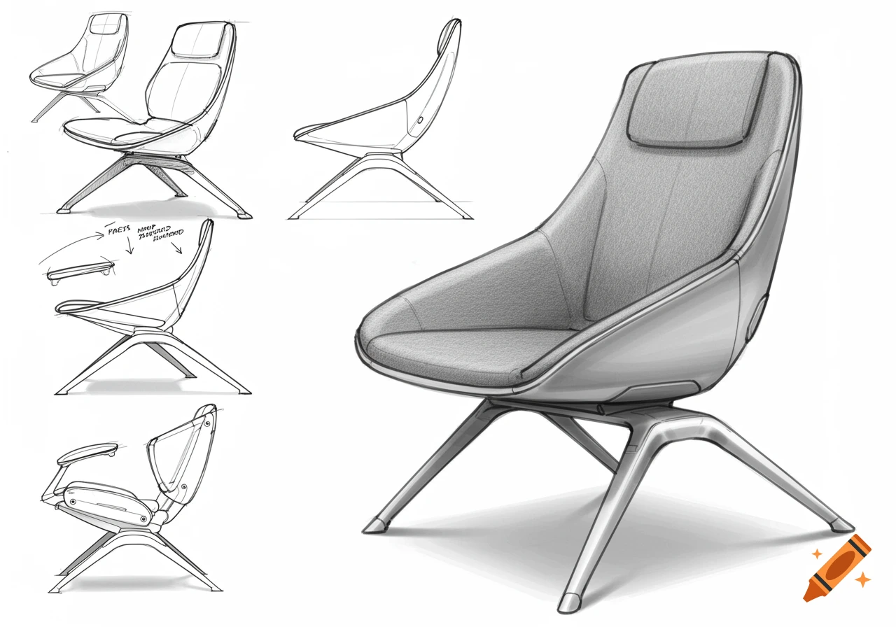 Black and white product design sketches of a modern chair, showing ...