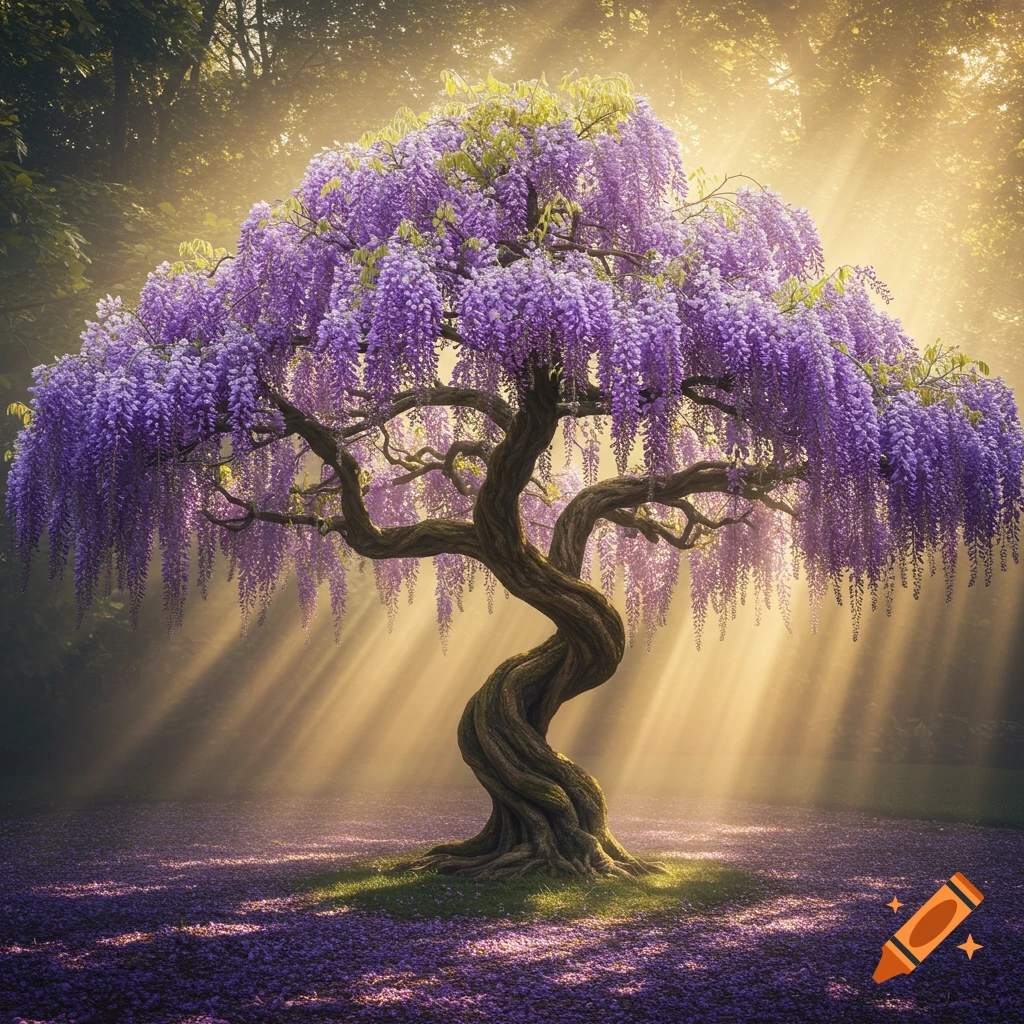 A twisted wisteria tree with cascading purple flowers, bathed in ...