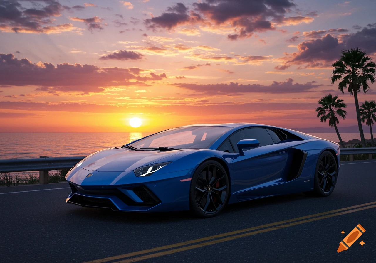 A sleek, matte black Lamborghini Aventador is parked on a coastal road ...