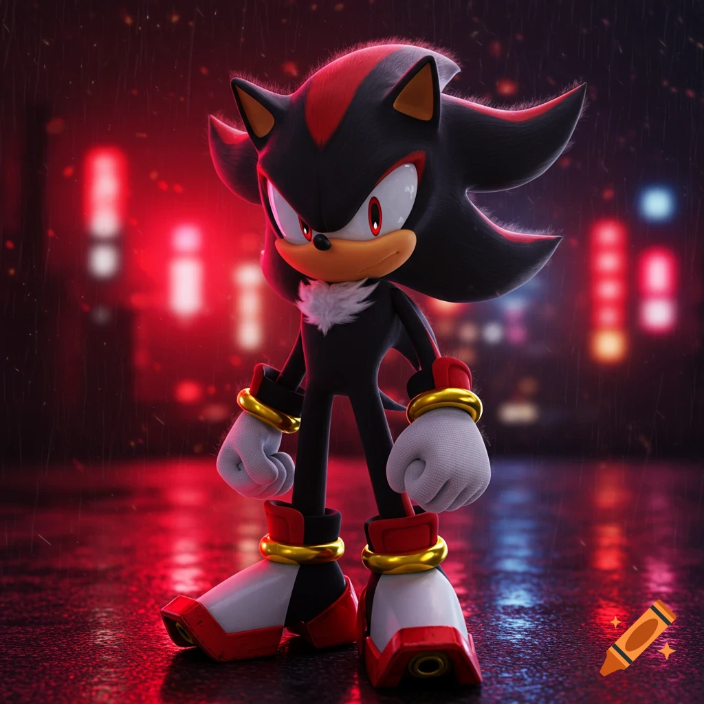 Shadow the Hedgehog smirking, standing in a futuristic city with neon ...