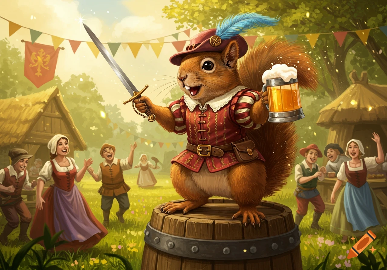 A joyous squirrel in a red Renaissance outfit holds a sword and a ...