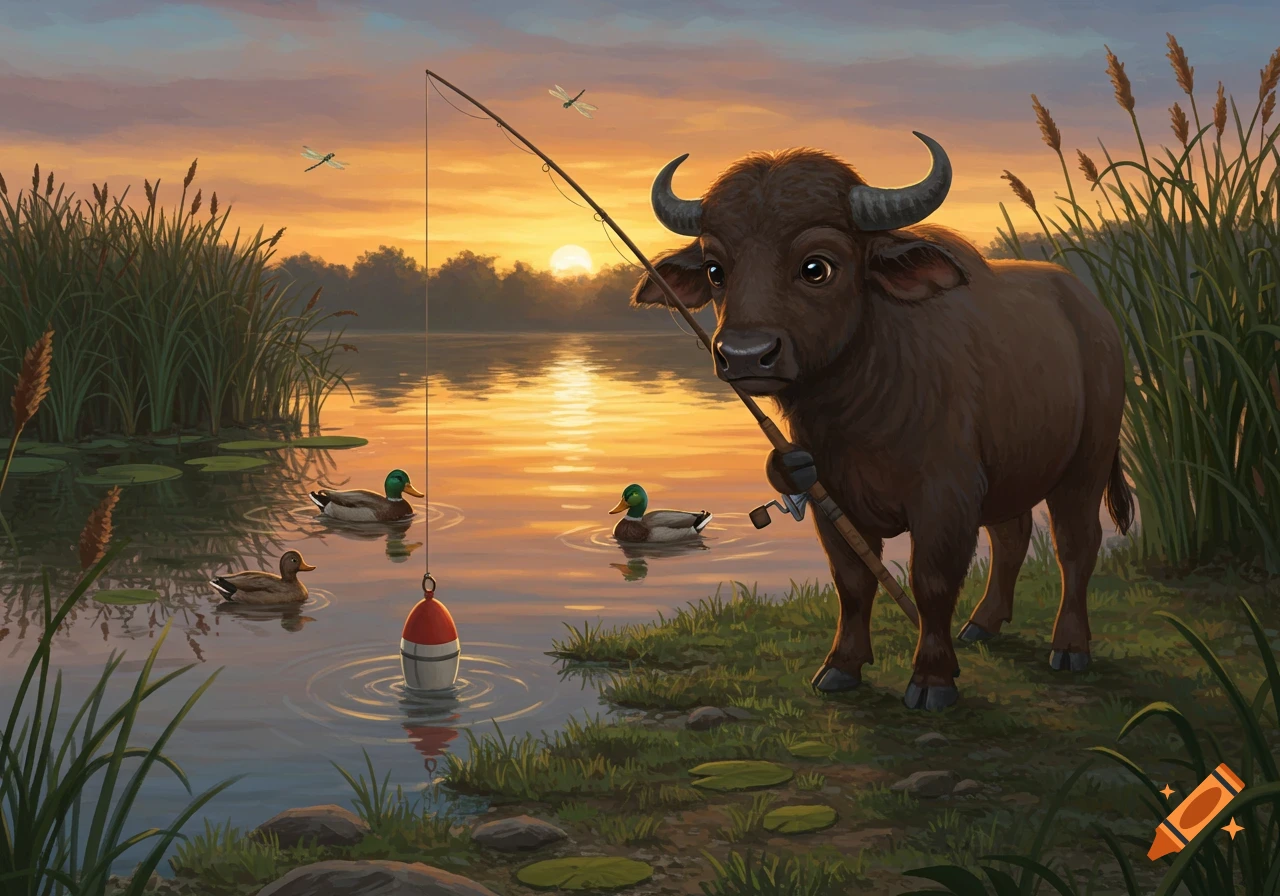 A young, cute buffalo stands by a lake at sunset, holding a fishing rod ...