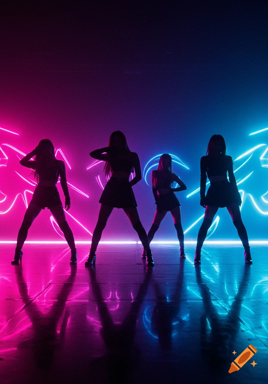 Four women in edgy K-pop fashion pose in a dark corridor lit by vibrant ...