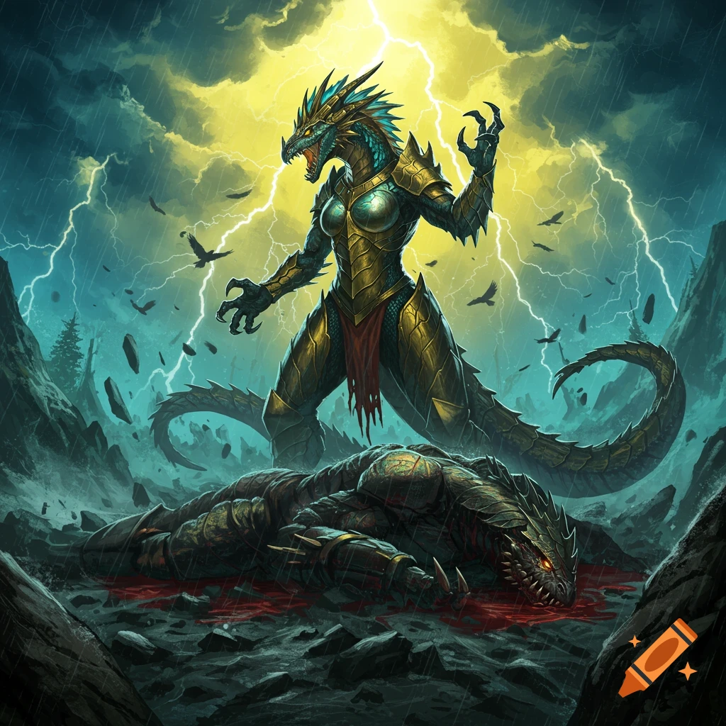 An armored dragon-like monster stands triumphantly over a defeated ...