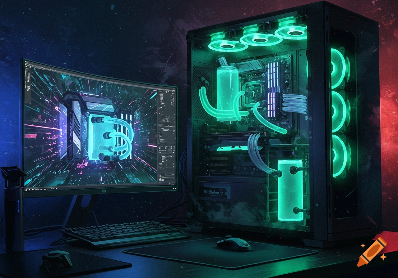 A futuristic green gaming room with neon lights, two gaming chairs, a ...