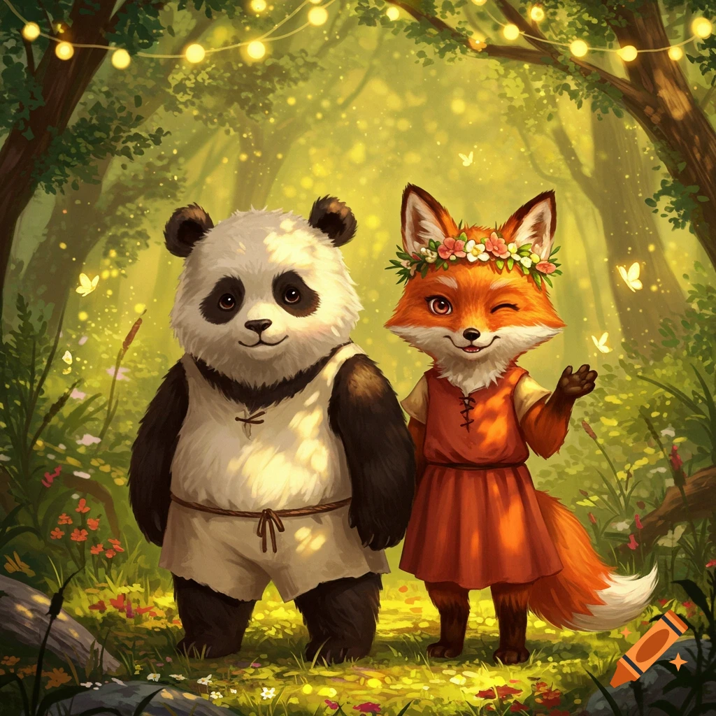 A cute cartoon panda and fox girl in a whimsical forest with glowing ...