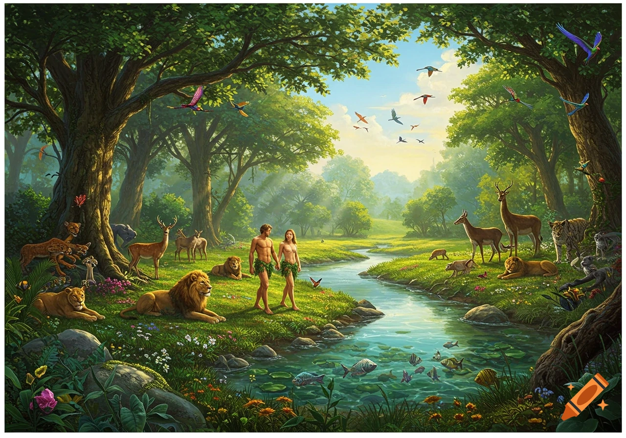 Adam and Eve stand by a river in a lush, vibrant Garden of Eden ...