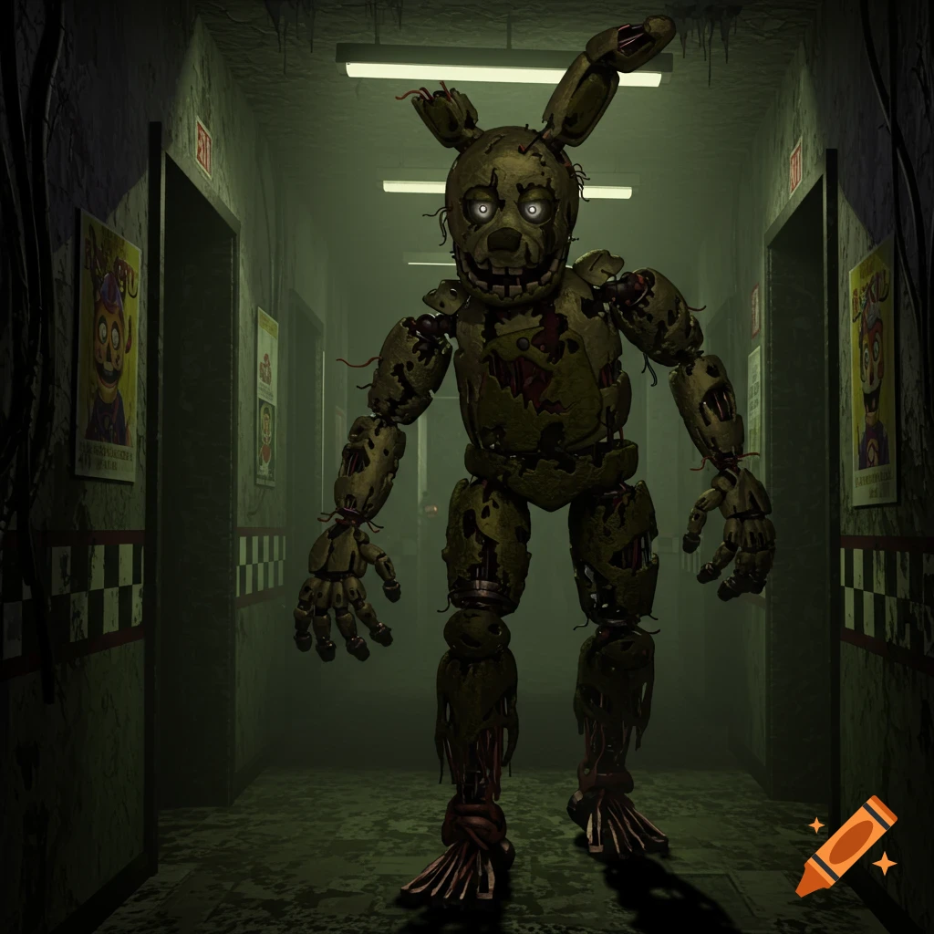 A decaying green animatronic rabbit, Springtrap, with glowing purple ...
