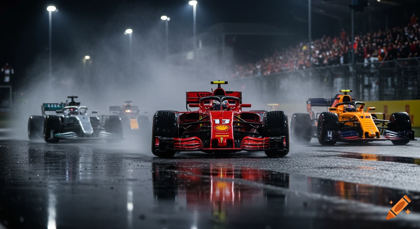 A red Formula 1 race car leads a pack of other cars on a track at night ...