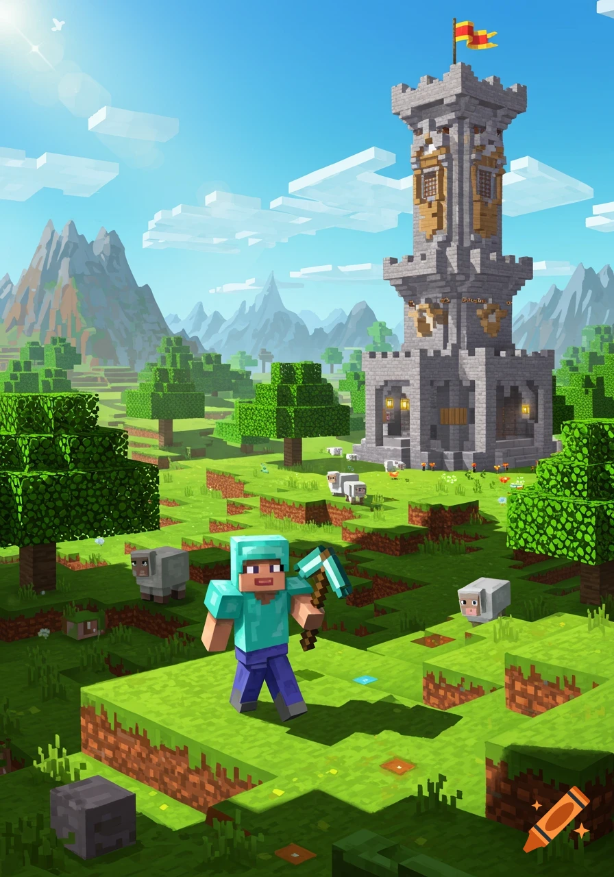 A blocky Minecraft landscape with Steve holding a diamond sword, sheep ...