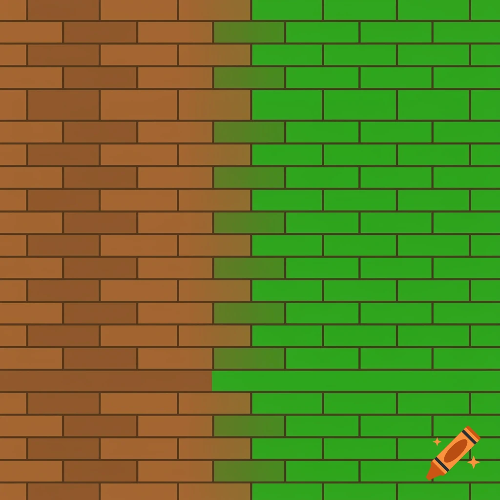 A brick wall transitions from brown on the left to green on the right ...