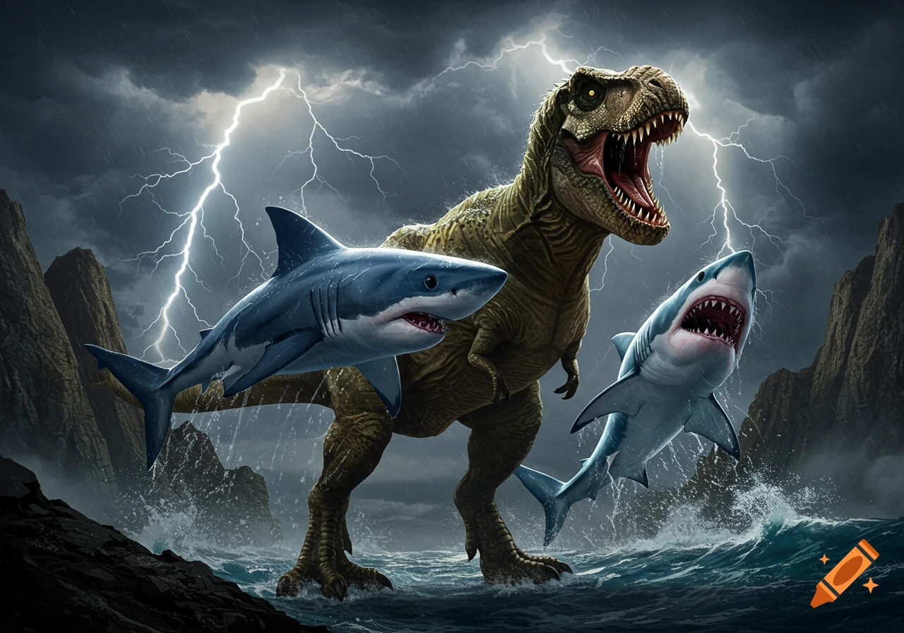 A giant T-Rex stands in a stormy ocean with lightning, accompanied by ...