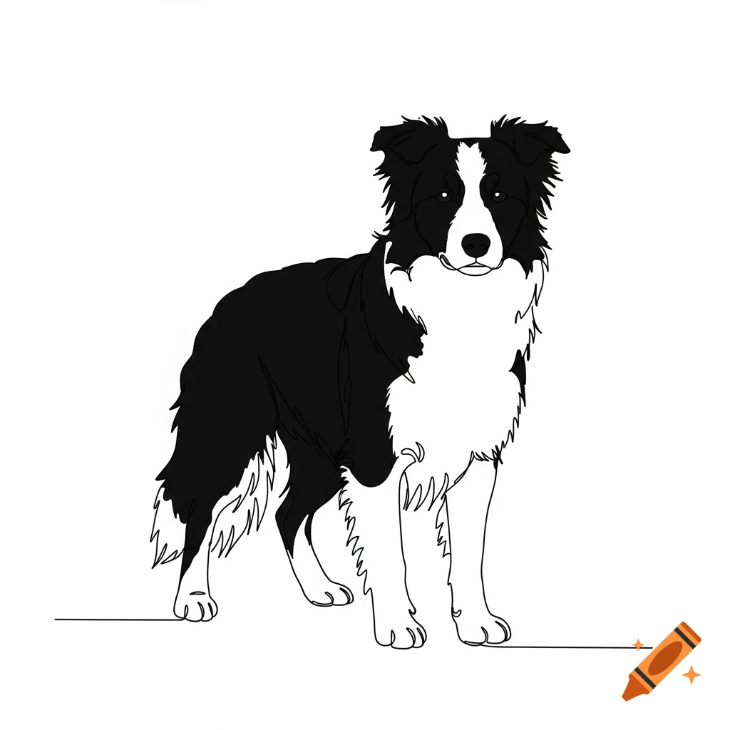 A simple line drawing of a black and white Border Collie standing. on ...