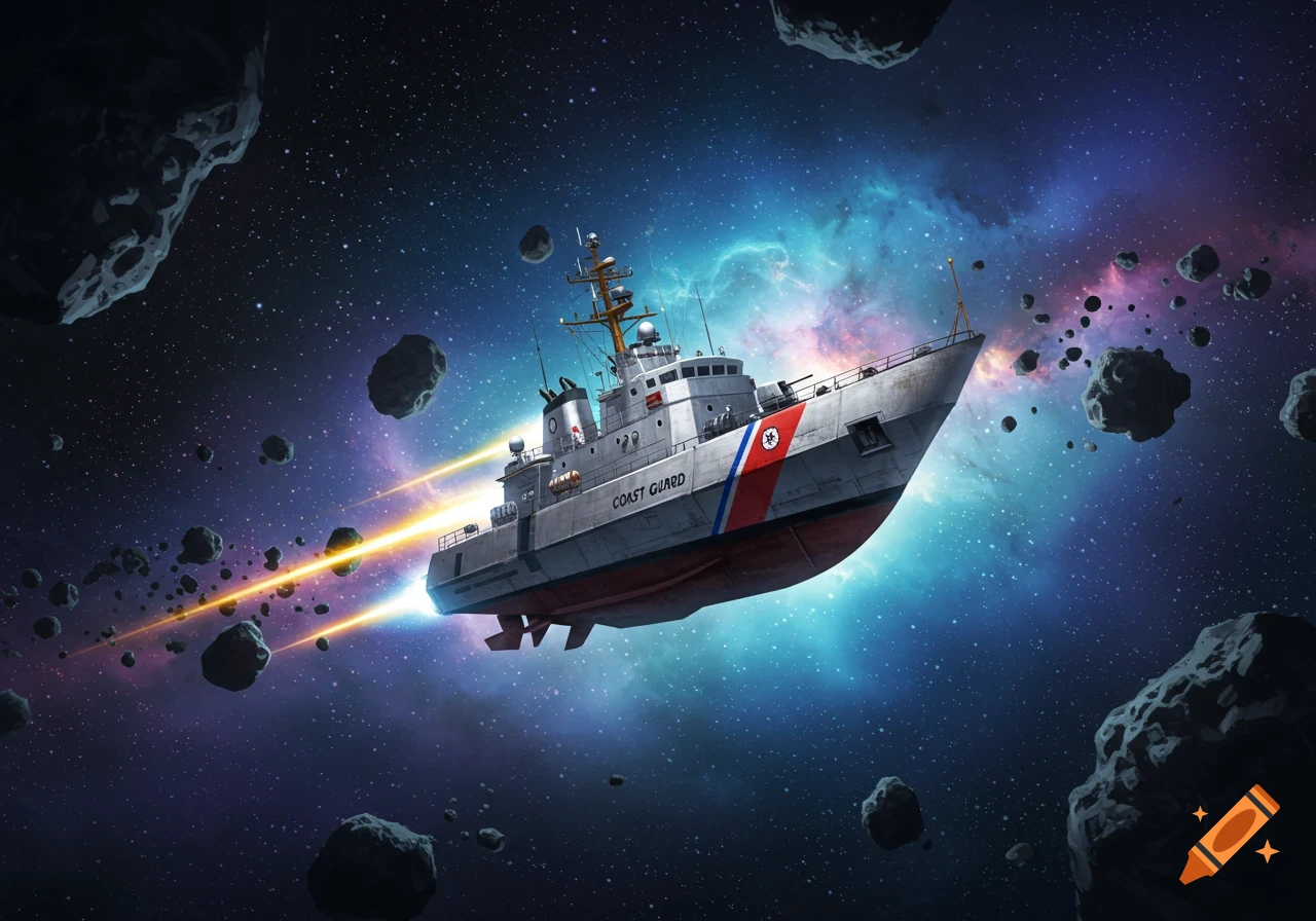 A Coast Guard cutter flies through space, firing bright energy beams ...