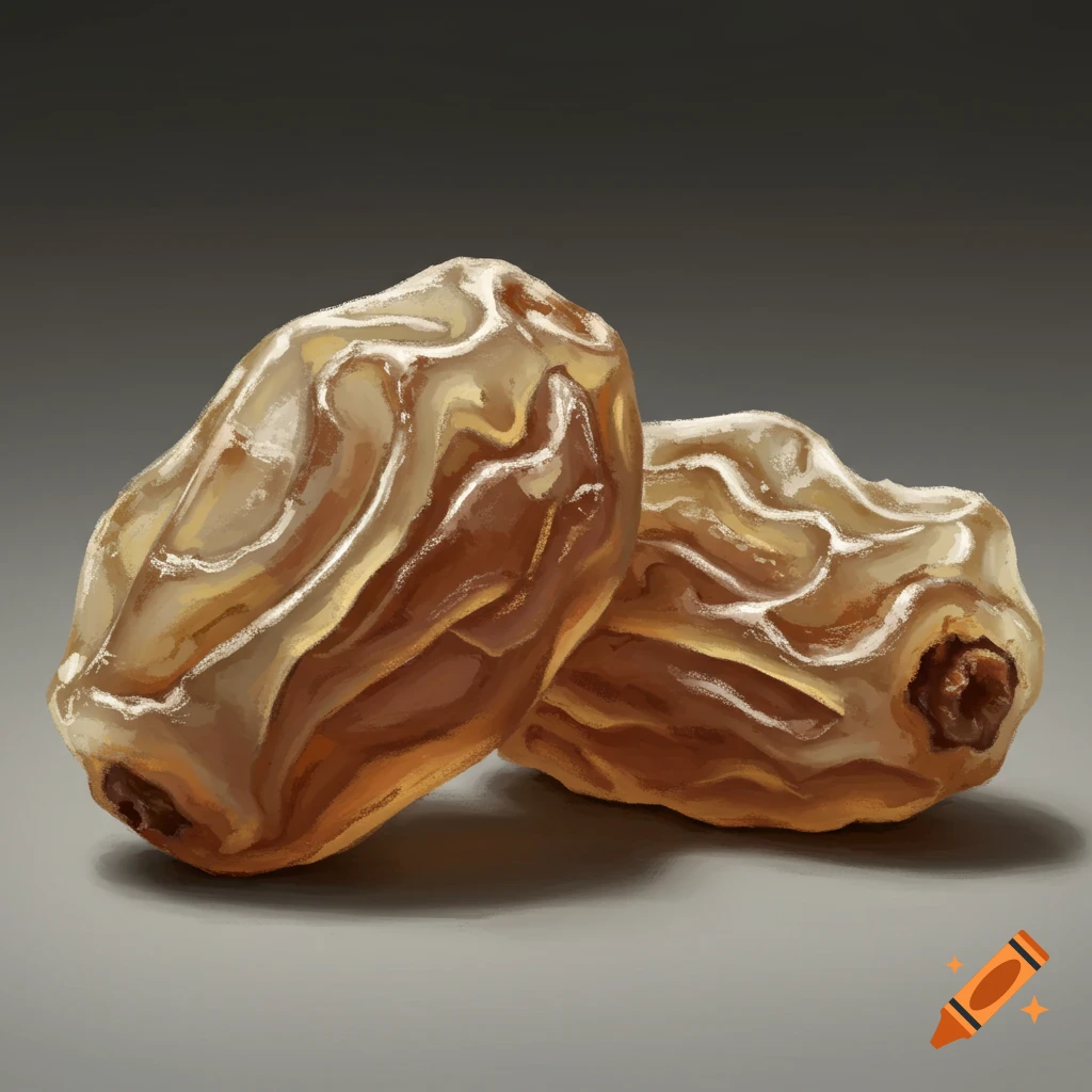 Two dried, wrinkled brown raisins with glistening highlights rest on a ...