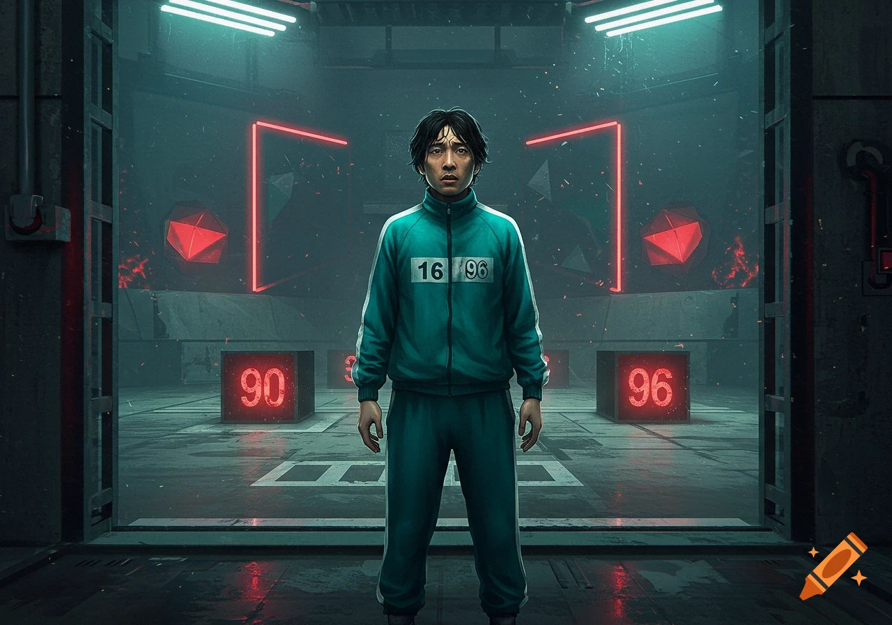 A group of people, dressed in green Squid Game tracksuits, stand facing ...