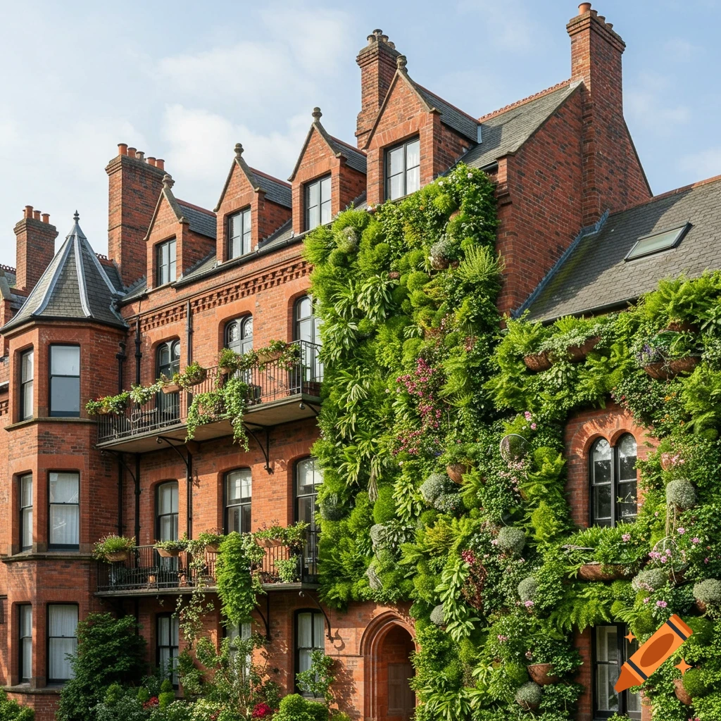 Photorealistic red brick Victorian house with lush green living walls ...