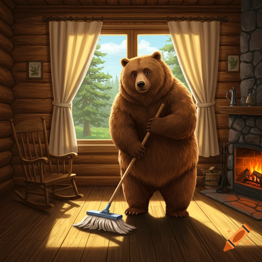 A brown bear wearing a toolbelt holds a wrench, looking out a window in ...