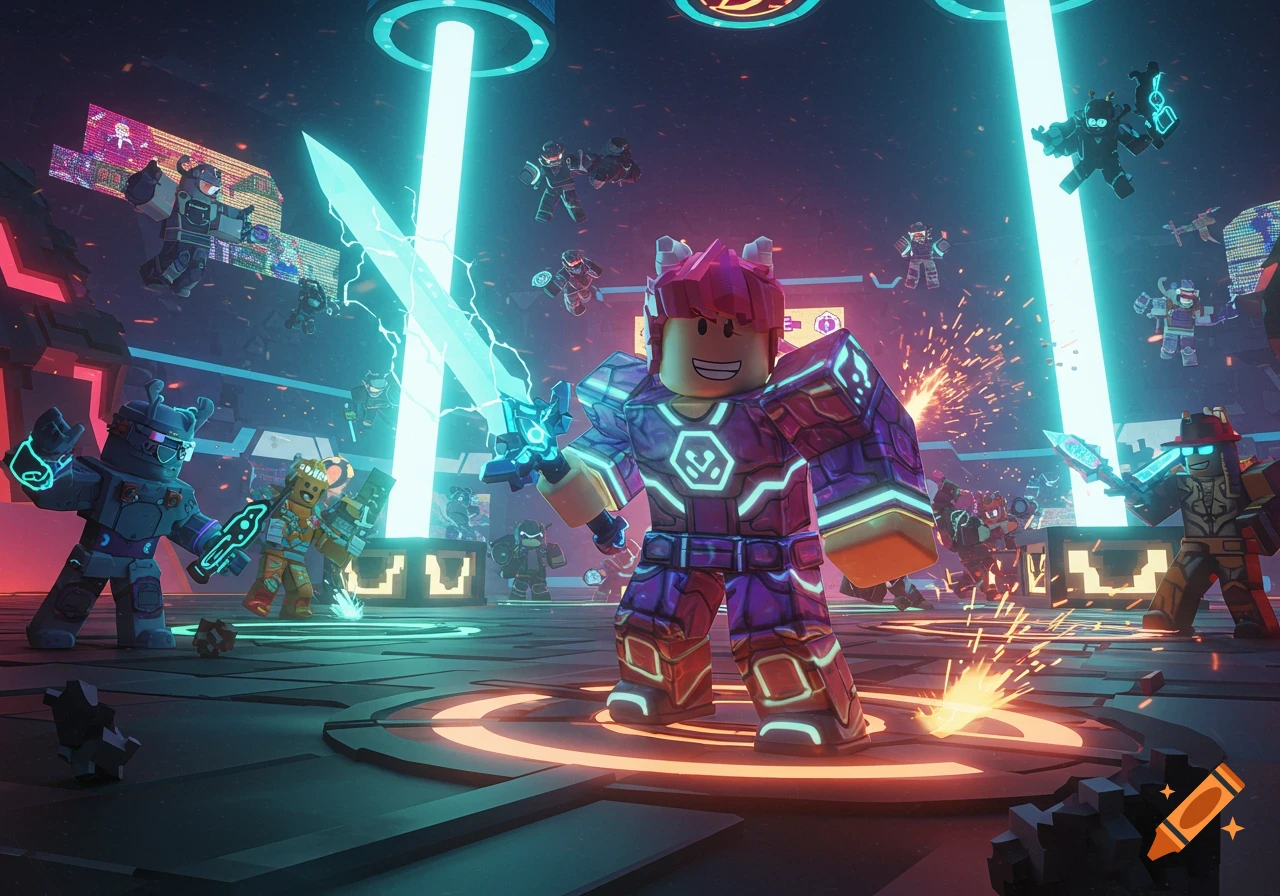 Roblox-style characters in red Squid Game suits with weapons on a ...