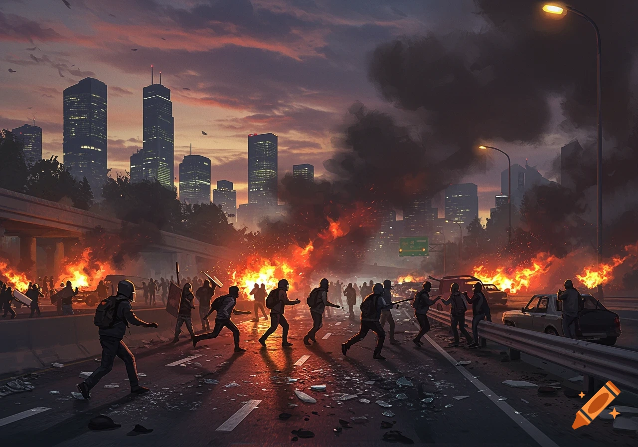 Soldiers and civilians walk through the rubble-strewn street of a war ...