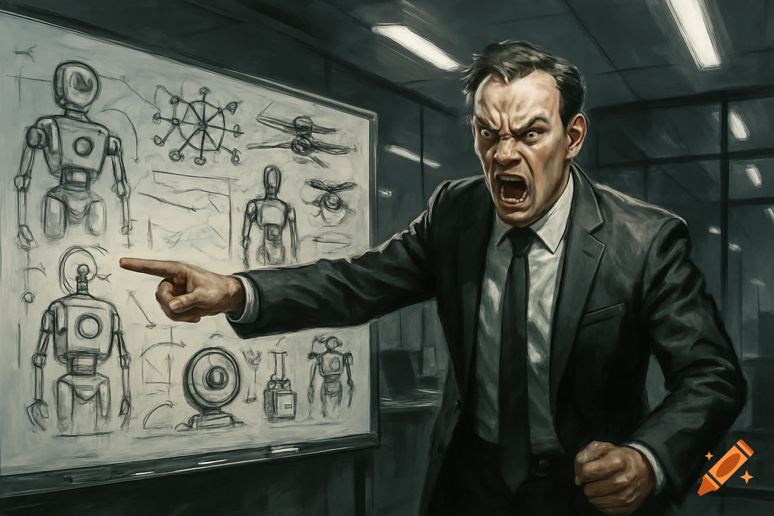 An angry man in a suit points forcefully at a whiteboard filled with ...