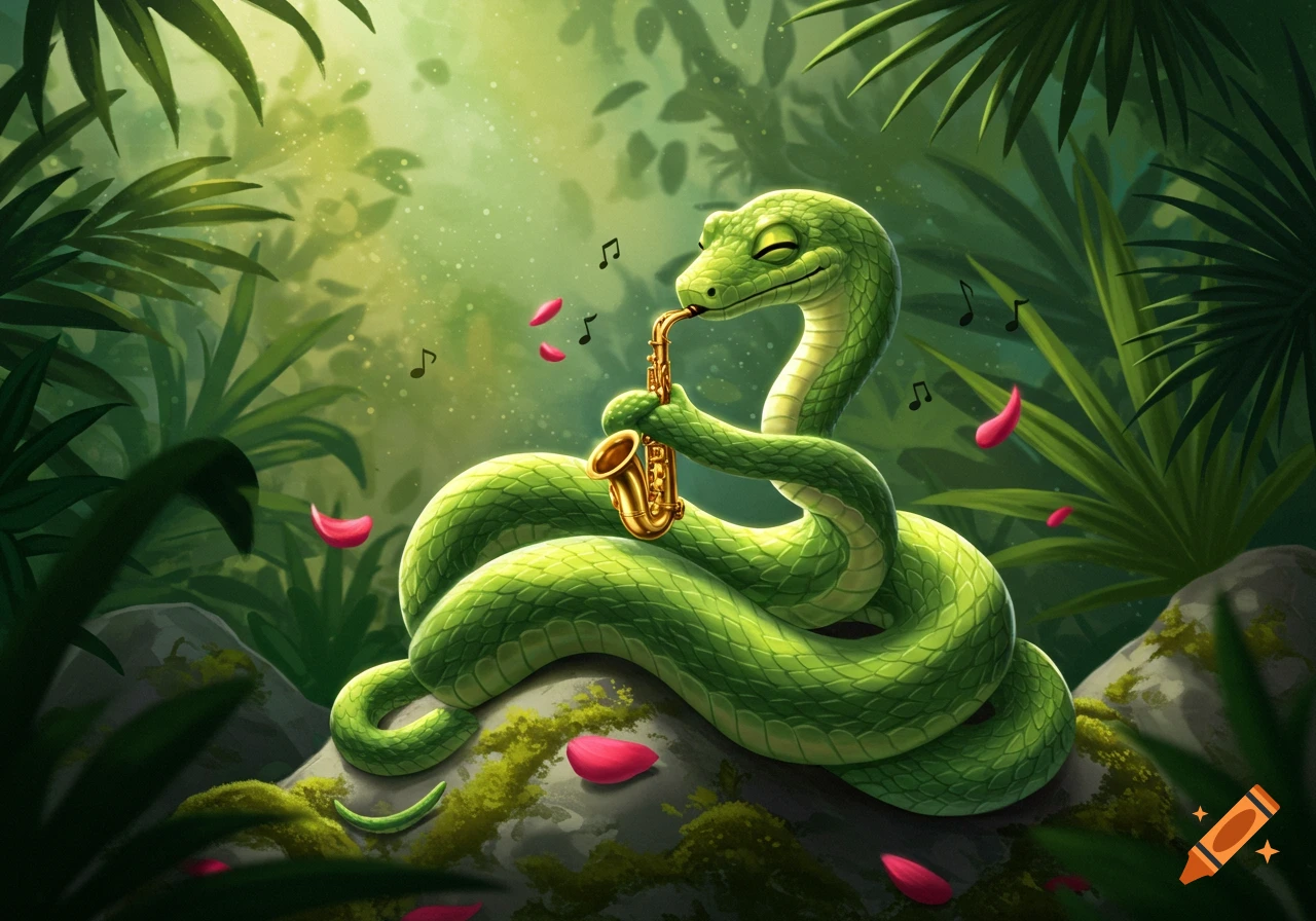 A cute cartoon green snake sits at a small table with a steaming cup of ...