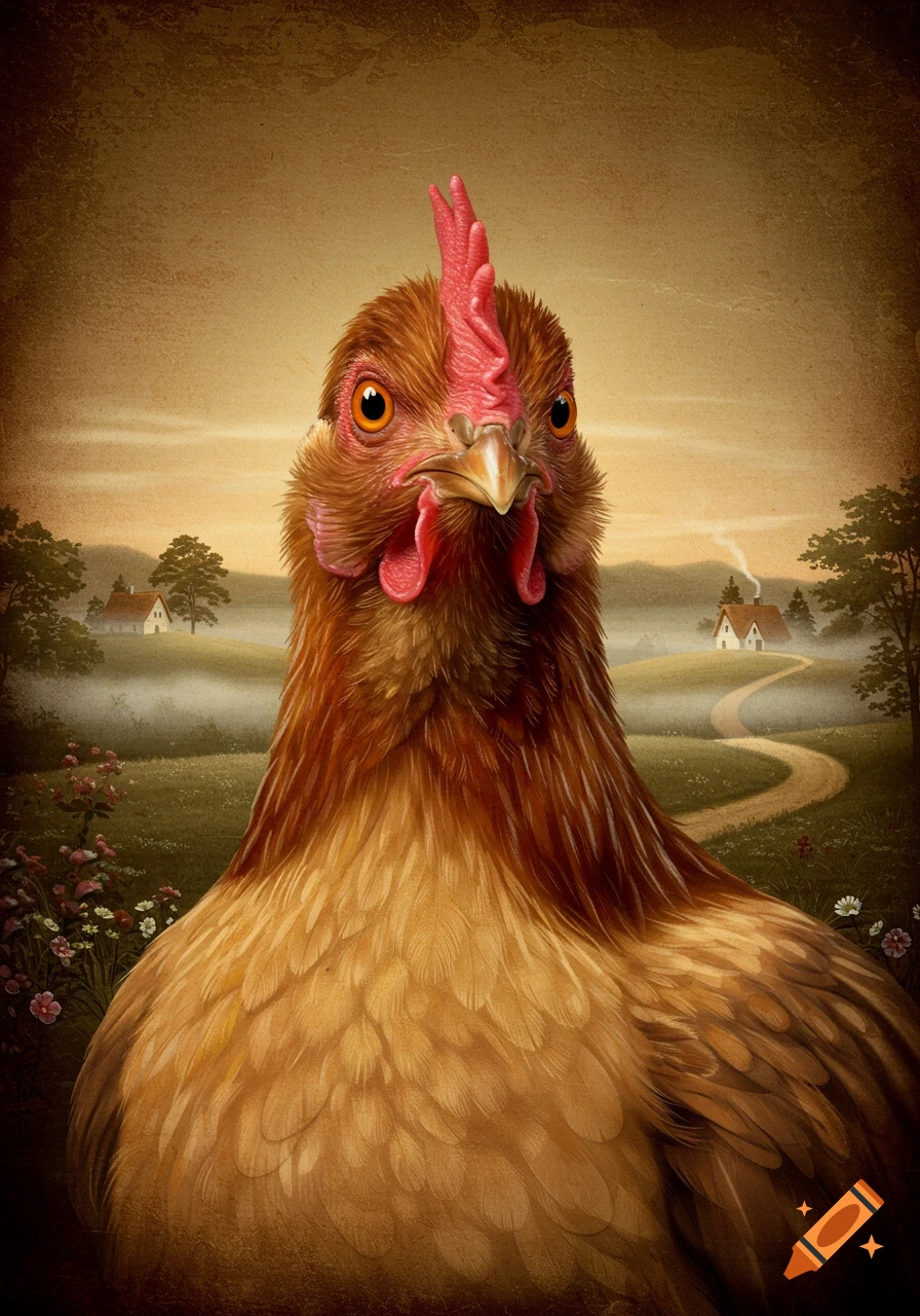 A detailed artistic portrait of a brown chicken with a red comb and ...