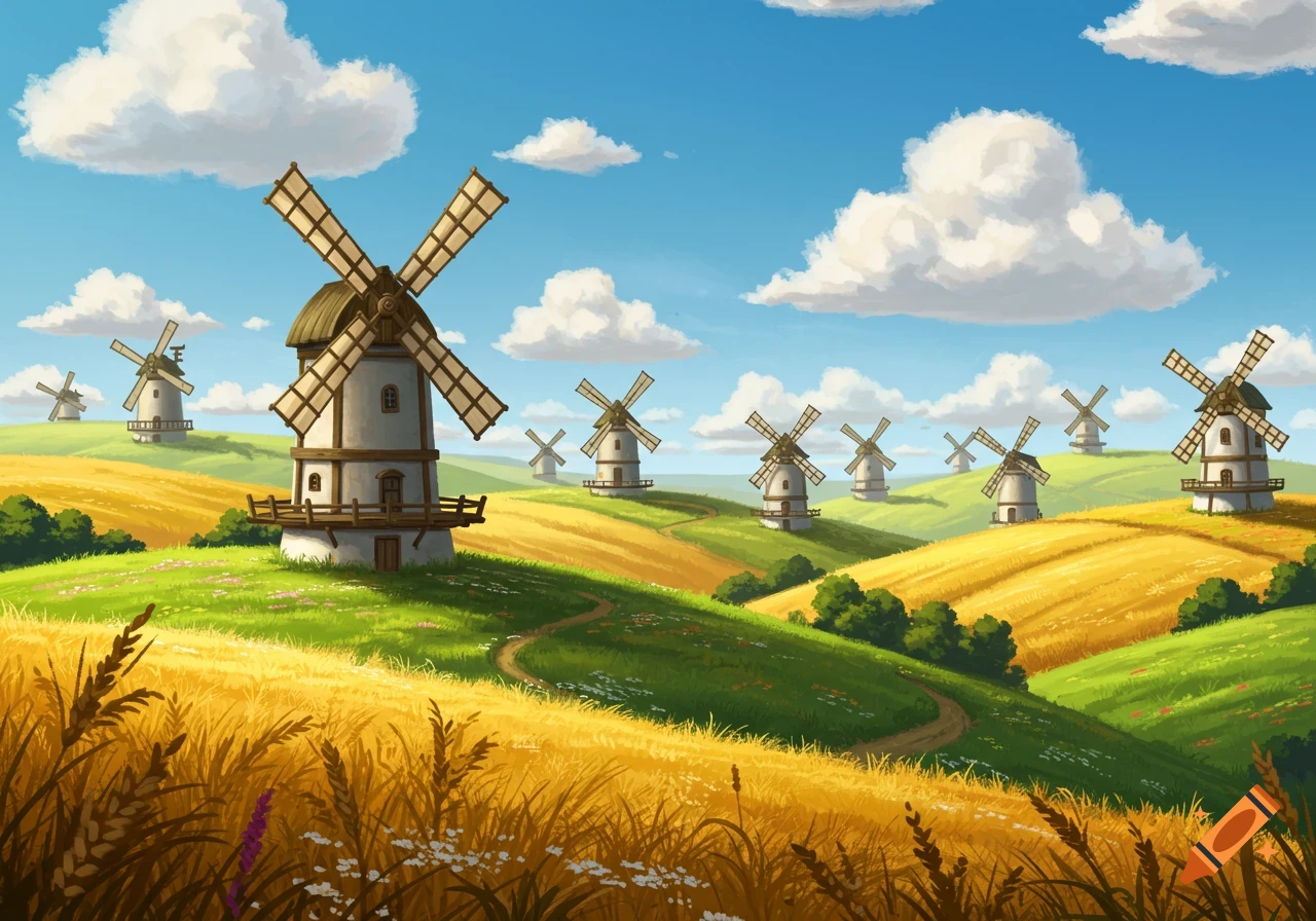 A vibrant illustration of a rolling green and golden landscape dotted with numerous old-style ...