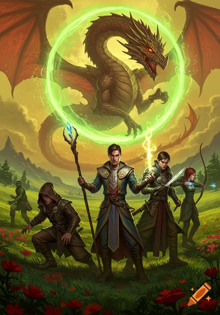 A fantasy adventuring party stands in a field with a large dragon in a ...