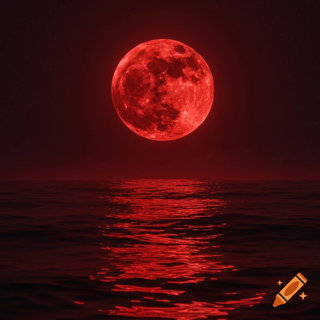 A striking, surreal landscape featuring a massive red moon over dark ...