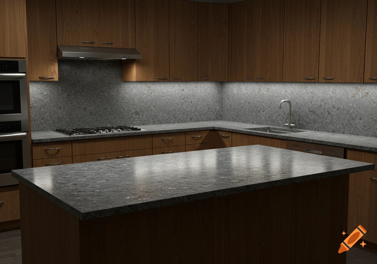 A modern kitchen featuring wooden cabinets, grey granite countertops, and a central island with ...