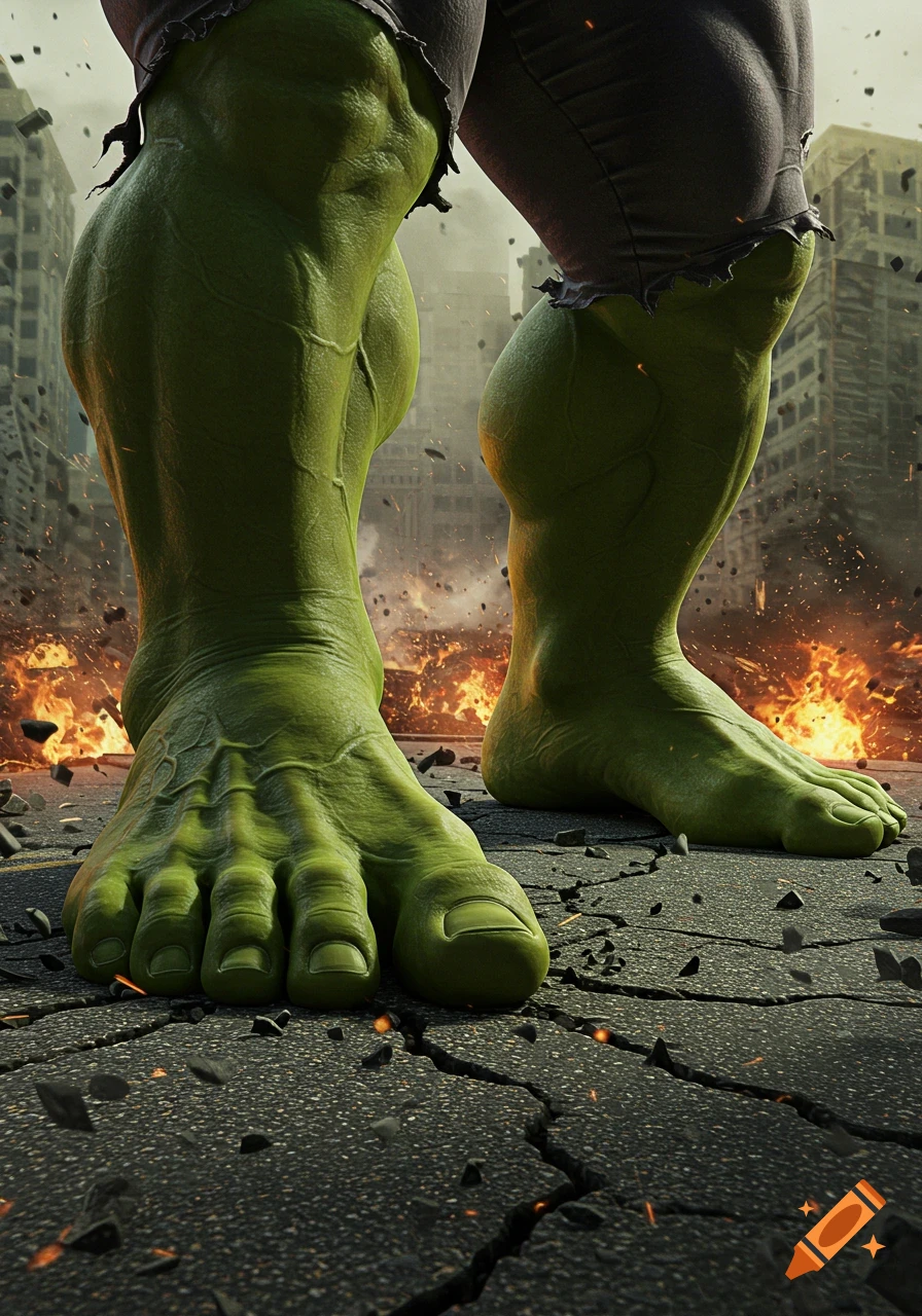 Closeup of the Incredible Hulk's large, green, bare feet standing on ...