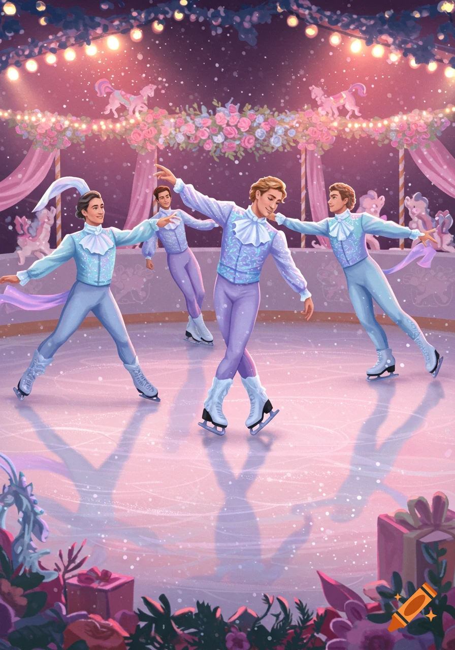 Four men in sparkly blue and purple outfits ice skate gracefully in a ...