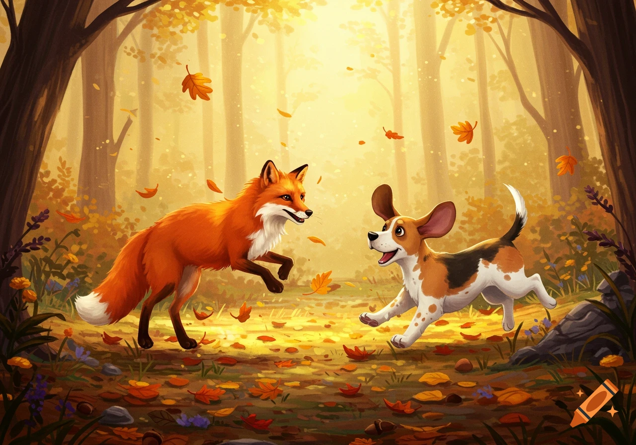 A playful cartoon fox and a happy beagle run through an autumn forest ...