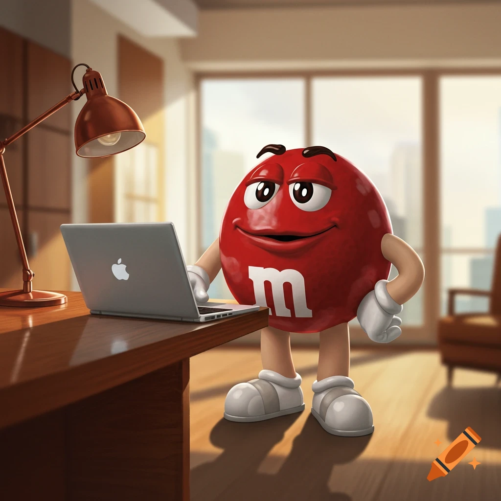 A smiling red M&M character stands next to a wooden desk, looking at an ...