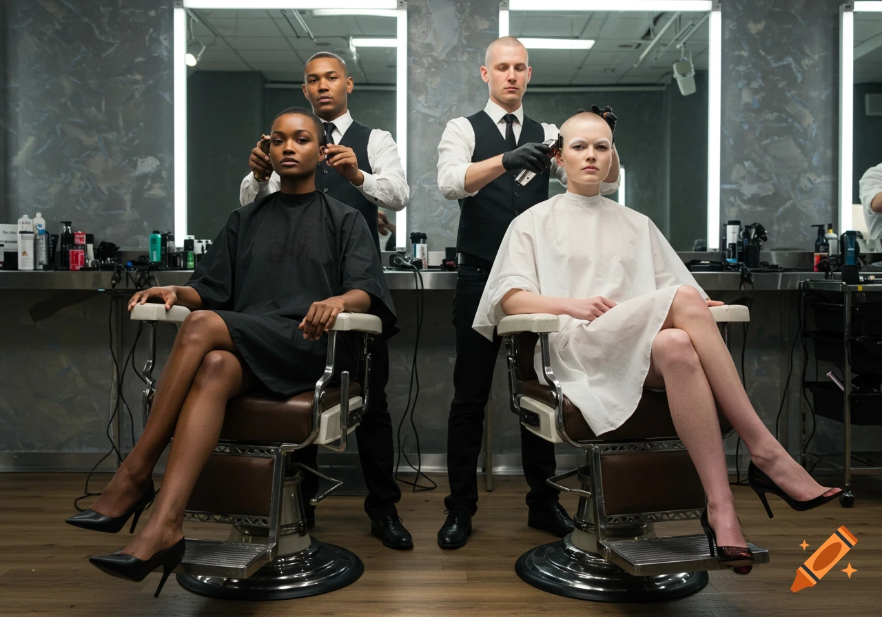 Two female models sit in barber chairs, having their heads shaved bald ...